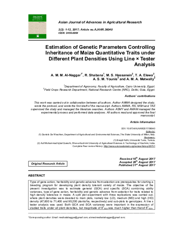 (PDF) Genetic Parameter Estimation for Maize Traits