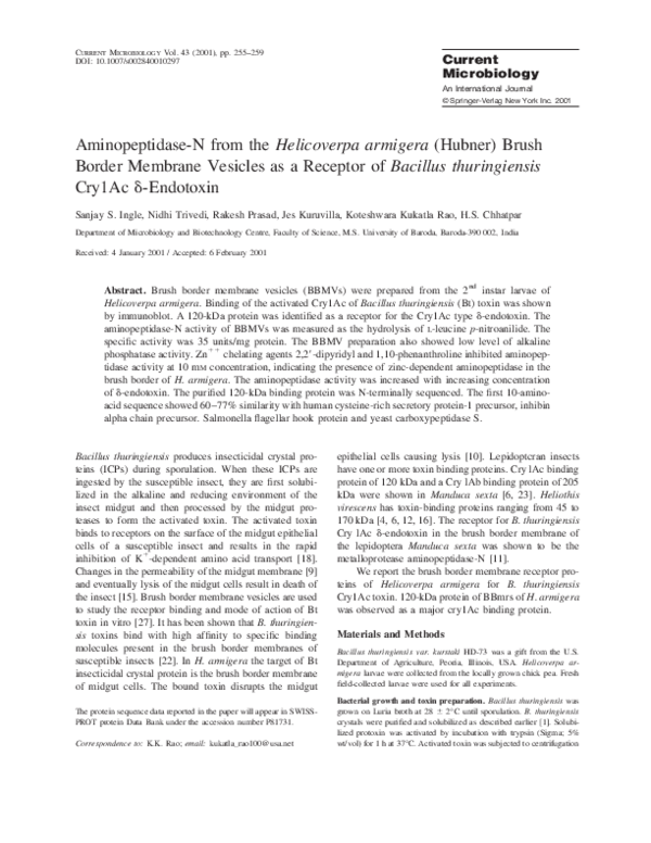 (PDF) Aminopeptidase-N from the Helicoverpa armigera (Hubner) Brush Border Membrane Vesicles as ...