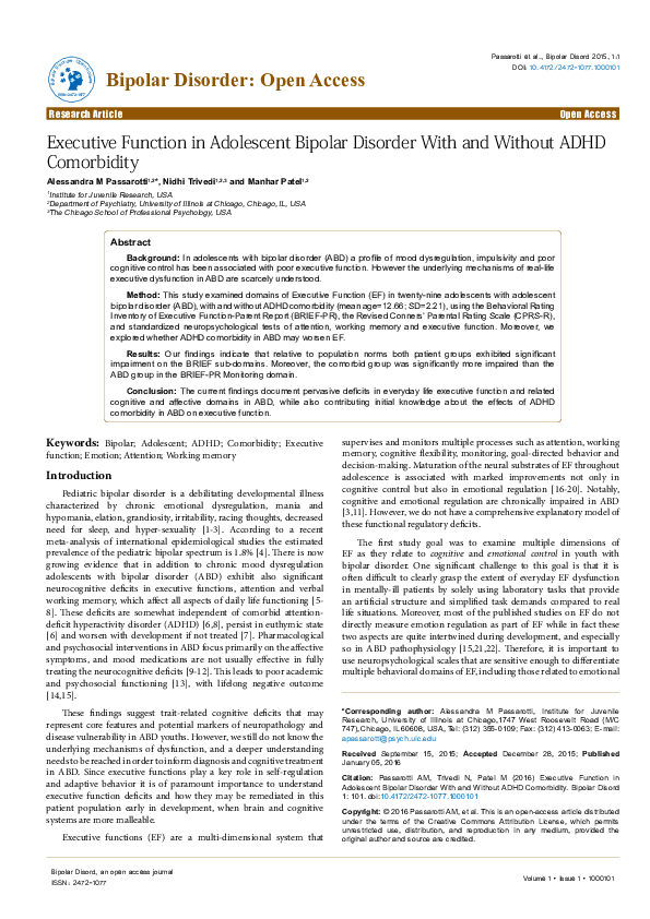 (PDF) Executive Function in Adolescent Bipolar Disorder With and Without ADHD Comorbidity