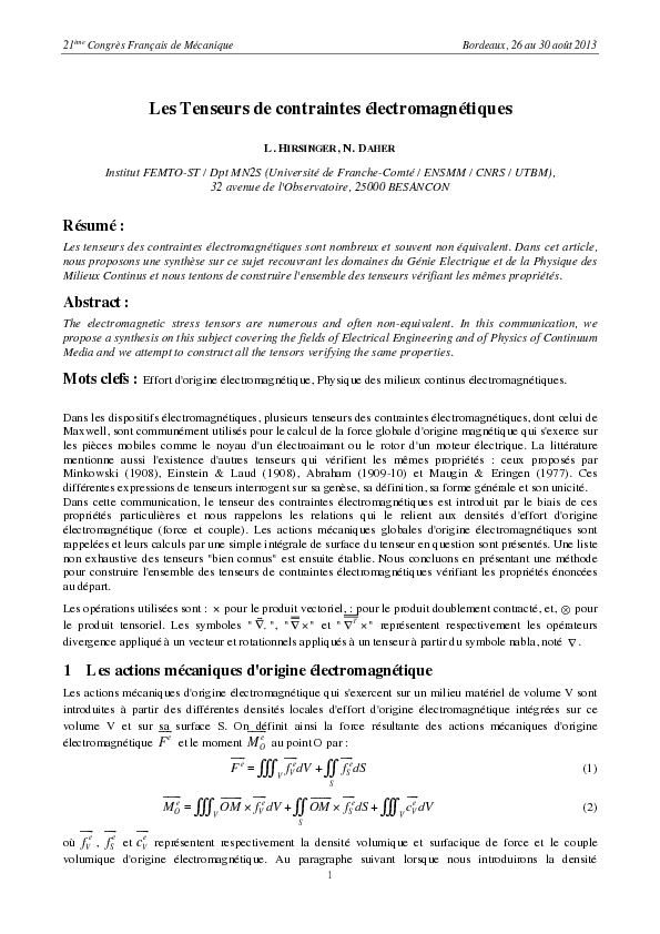 (PDF) Les tenseurs de contraintes électromagnétiques