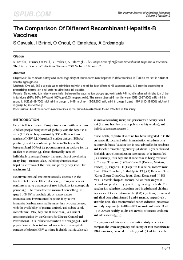 Pdf The Comparison Of Different Recombinant Hepatitis B Vaccines