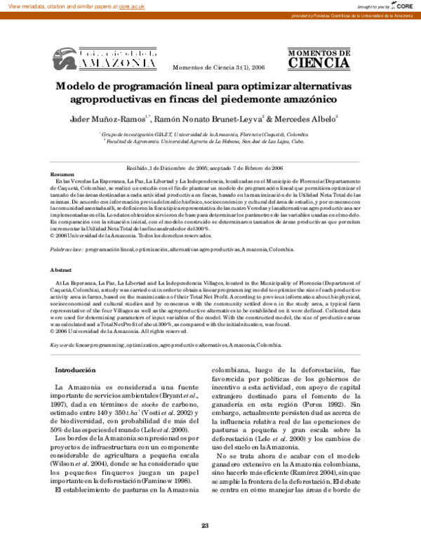(PDF) Modelo de programación lineal para optimizar alternativas ... (PDF) Modelo de programación lineal para optimizar alternativas ...