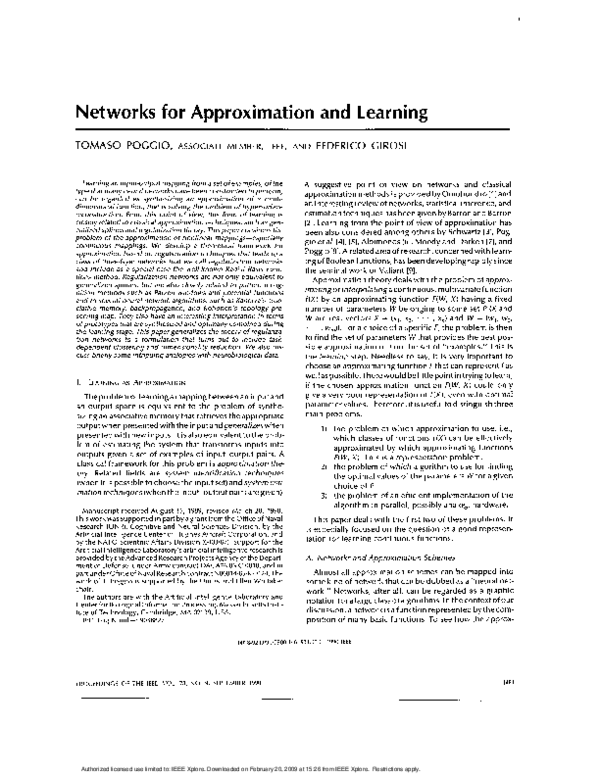 (PDF) Networks for approximation and learning