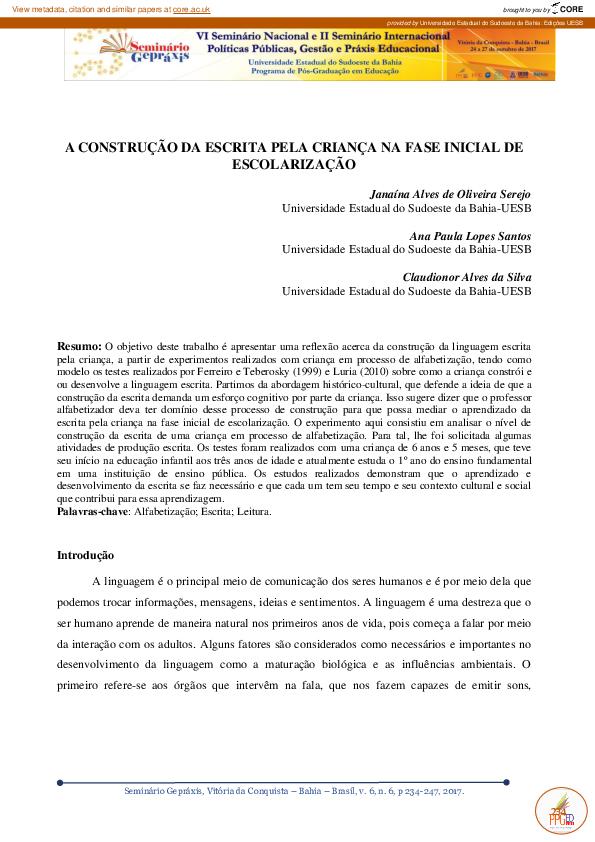 (PDF) A Construção Da Escrita Pela Criança Na Fase Inicial De Escolarização