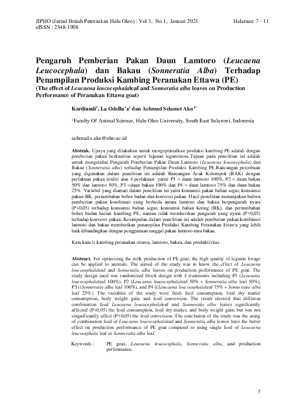 (PDF) Pengaruh Pemberian Pakan Daun Lamtoro (Leucaena Leucocephala) dan Bakau (Sonneratia Alba ...