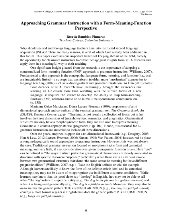 (PDF) Approaching Grammar Instruction with a Form-Meaning-Function Perspective