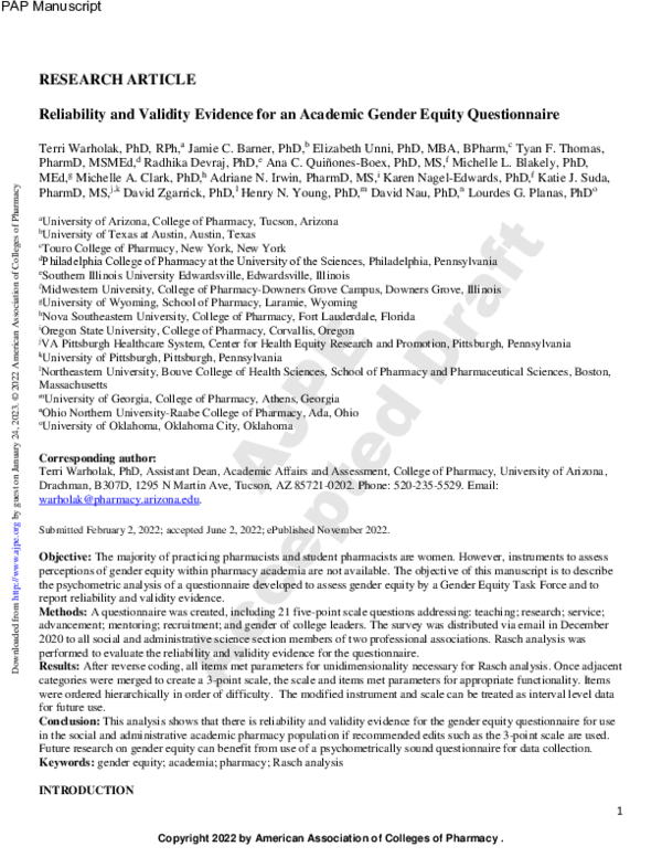 (PDF) Reliability and Validity Evidence for an Academic Gender Equity Questionnaire