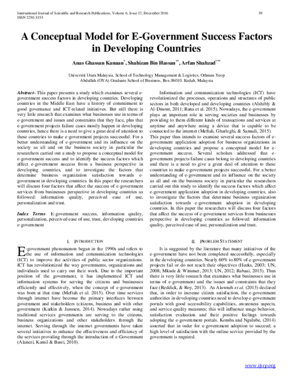 (PDF) A Conceptual Model for E-Government Success Factors in Developing Countries