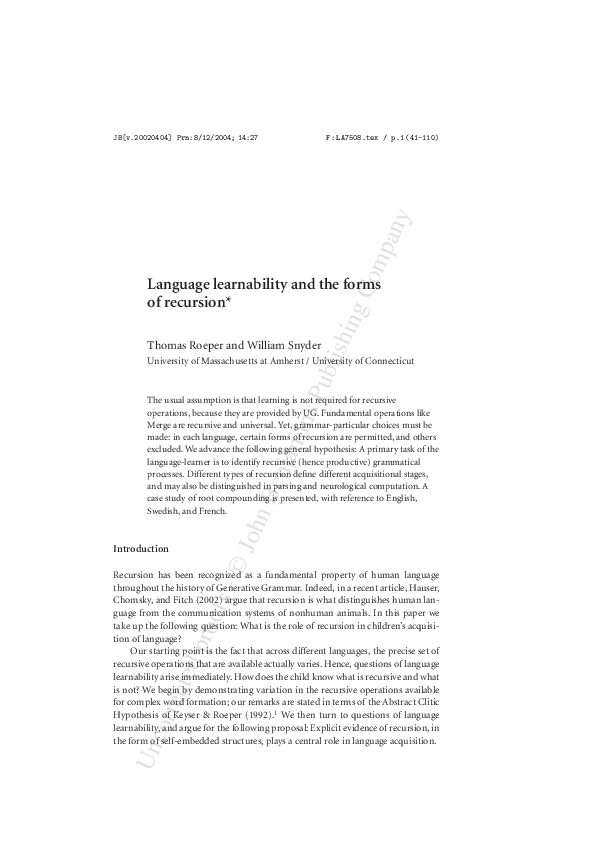 Pdf Language Learnability And The Forms Of Recursion