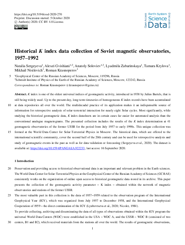 (PDF) Historical K index data collection of Soviet magnetic ...