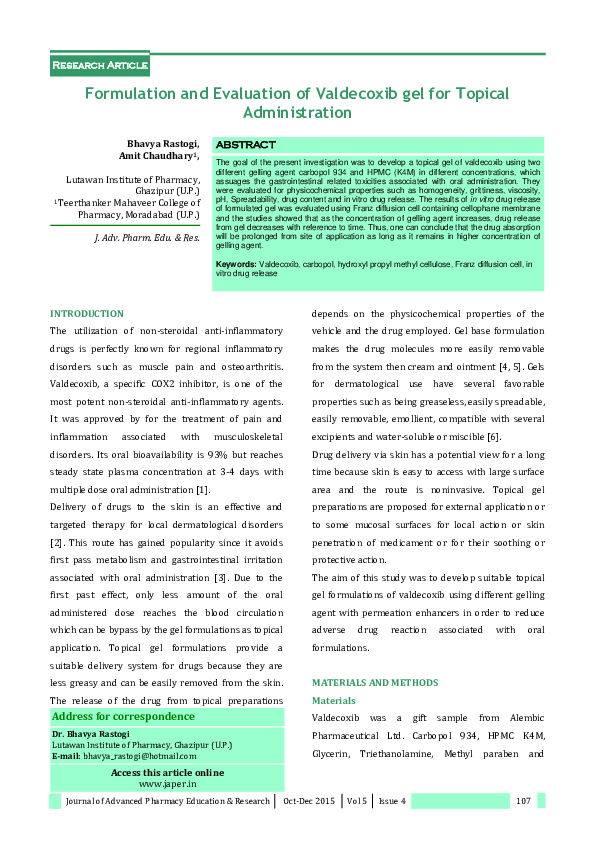 (PDF) Formulation and Evaluation of Valdecoxib gel for Topical Administration