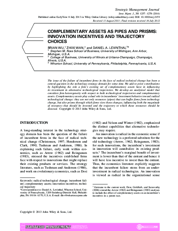 (PDF) Complementary assets as pipes and prisms: Innovation incentives ...