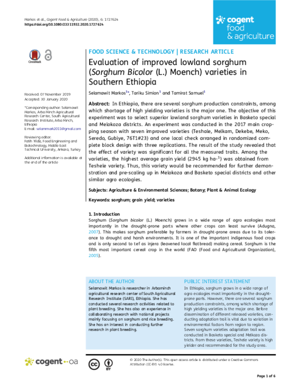 (PDF) Evaluation of improved lowland sorghum (Sorghum Bicolor (L.) Moench) varieties in Southern ...