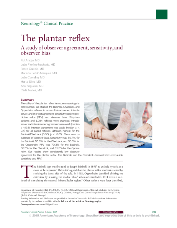 (PDF) The plantar reflex: A study of observer agreement, sensitivity ...