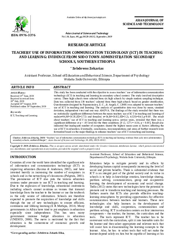 Pdf Teachers Use Of Information Communication Technology Ict In Teaching And Learning
