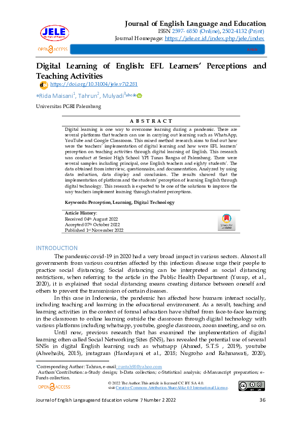 (PDF) Digital Learning of English: EFL Learners’ Perceptions and Teaching Activities