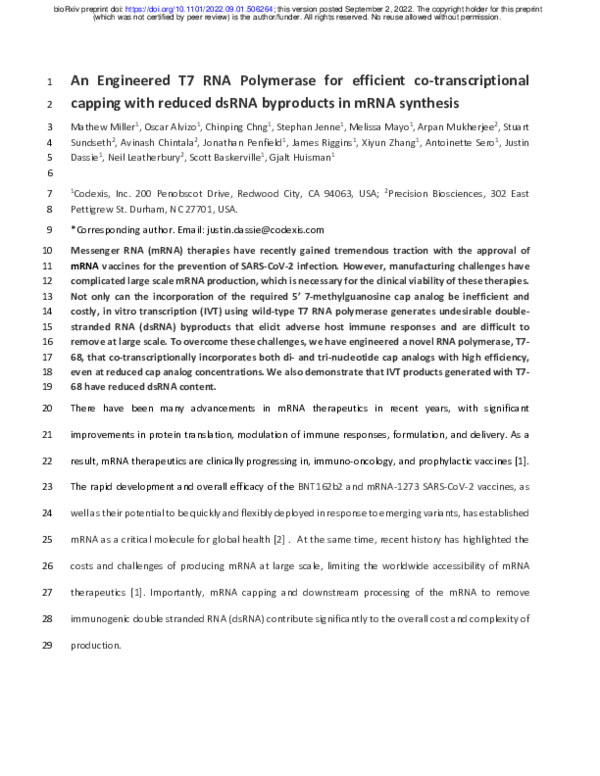 (PDF) An Engineered T7 RNA Polymerase for efficient co-transcriptional capping with reduced ...
