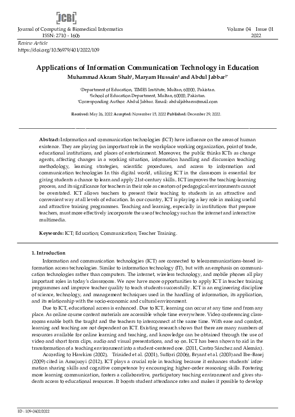 Pdf Applications Of Information Communication Technology In Education