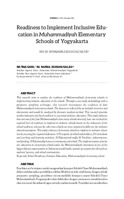 (PDF) Readiness to Implement Inclusive Education in Muhammadiyah Elementary Schools of Yogyakarta