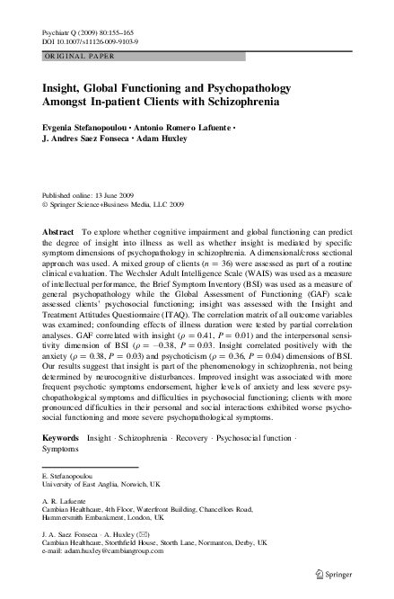 (PDF) Insight, Global Functioning and Psychopathology Amongst In ...
