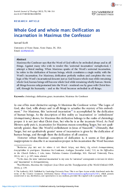 (PDF) Whole God and whole man: Deification as incarnation in Maximus ...