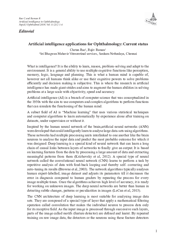 (PDF) Artificial intelligence applications for Ophthalmology: Current status