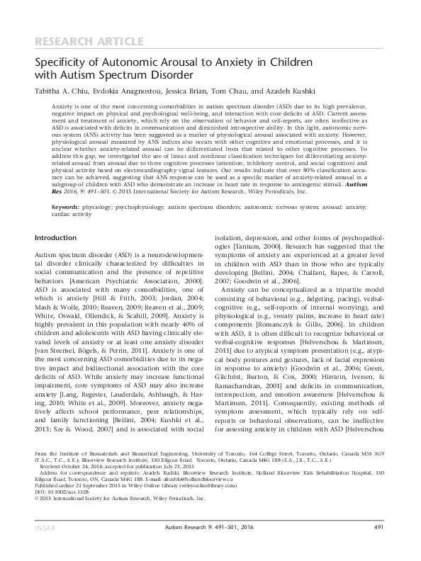 (PDF) Specificity of autonomic arousal to anxiety in children with ...