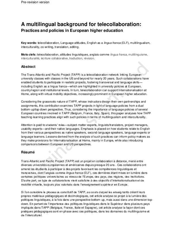 (PDF) A multilingual background for telecollaboration | Bruce Maylath ...