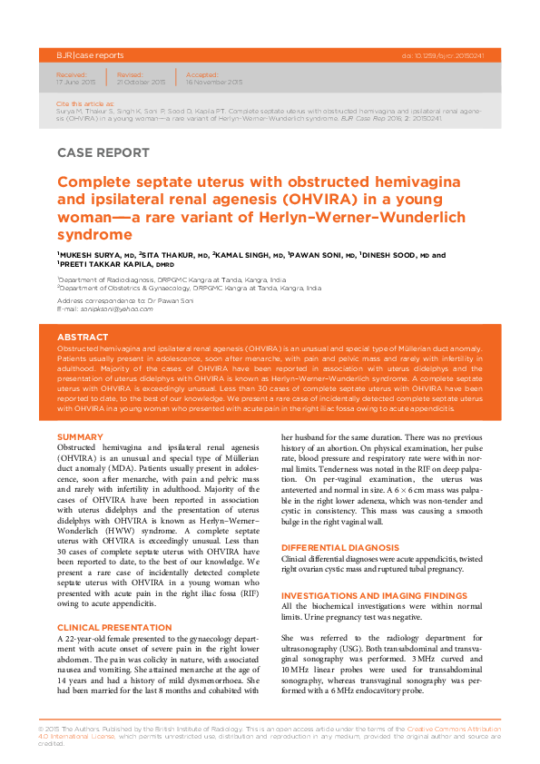 (PDF) Complete septate uterus with obstructed hemivagina and ...