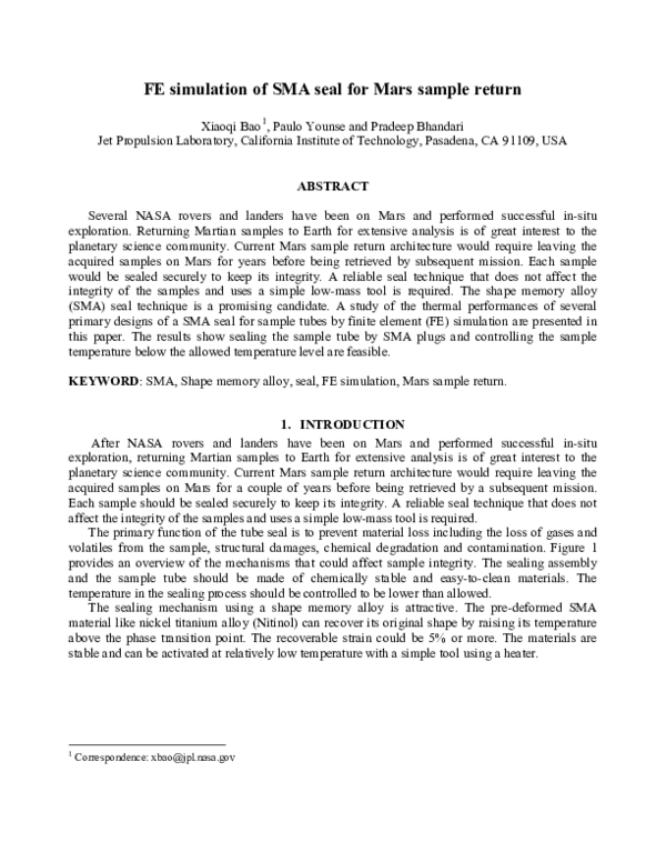 (PDF) FE simulation of SMA seal for Mars sample return