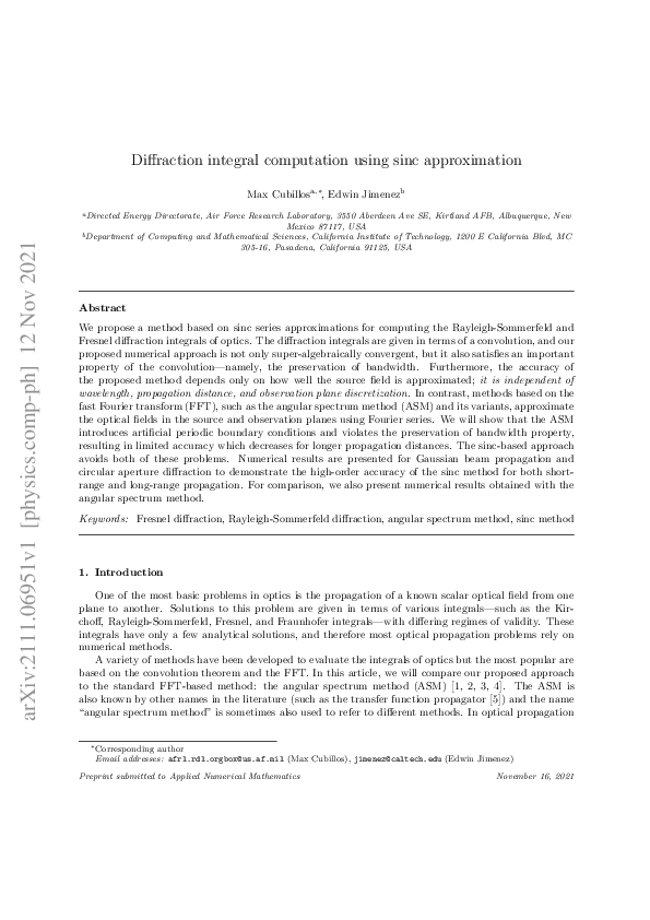 Pdf Diffraction Integral Computation Using Sinc Approximation Edwin Jimenez