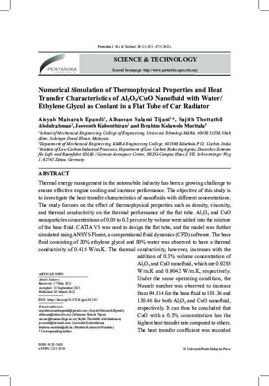 (PDF) Numerical Simulation of Thermophysical Properties and Heat Transfer Characteristics of ...