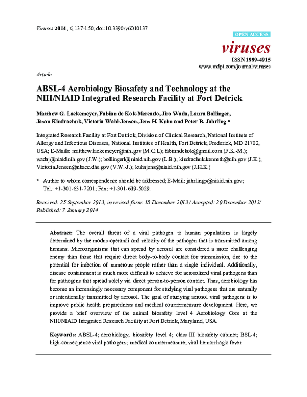 (PDF) Article ABSL-4 Aerobiology Biosafety and Technology at the NIH/NIAID Integrated Research ...