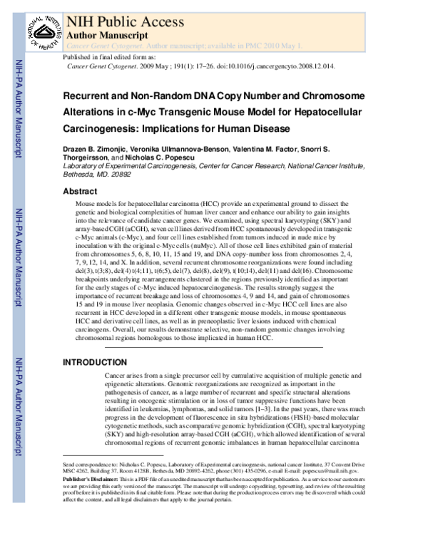 (PDF) Recurrent and nonrandom DNA copy number and chromosome alterations in Myc transgenic mouse ...