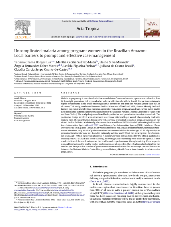 (PDF) Uncomplicated malaria among pregnant women in the Brazilian ...