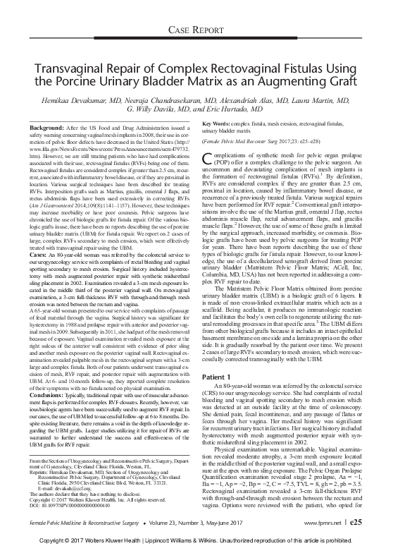 (PDF) Transvaginal Repair of Complex Rectovaginal Fistulas Using the ...