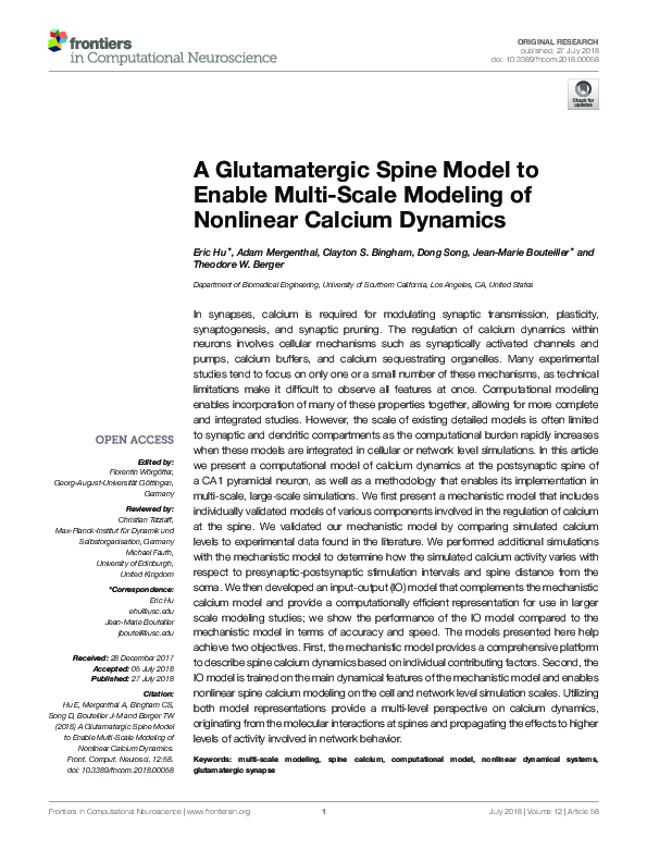 (PDF) A Glutamatergic Spine Model to Enable Multi-Scale Modeling of Nonlinear Calcium Dynamics