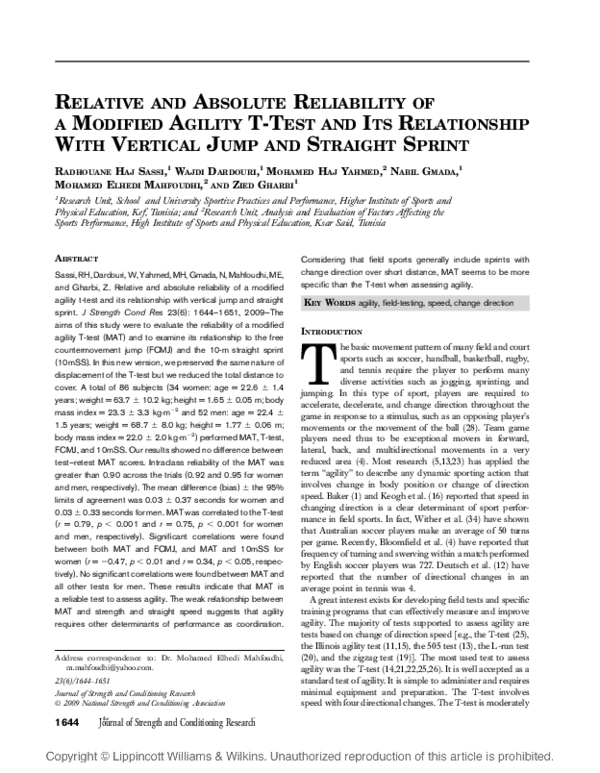 (PDF) Relative and Absolute Reliability of a Modified Agility T-test ...
