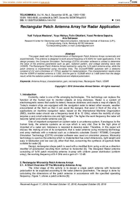 (PDF) Rectangular Patch Antenna Array for Radar Application