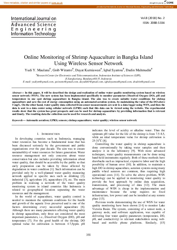 (PDF) Online Monitoring of Shrimp Aquaculture in Bangka Island Using Wireless Sensor Network