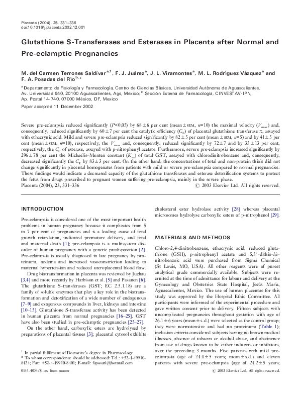 (PDF) Glutathione S-Transferases and Esterases in Placenta after Normal ...