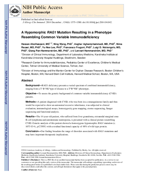 (PDF) A hypomorphic recombination-activating gene 1 (RAG1) mutation ...