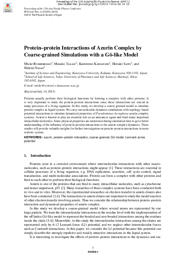 (PDF) Protein–Protein Interactions of Azurin Complex by Coarse-Grained ...