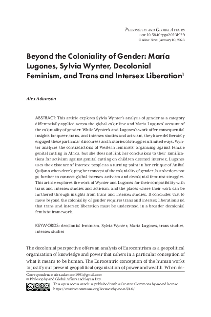 (PDF) Beyond the Coloniality of Gender: María Lugones, Sylvia Wynter ...