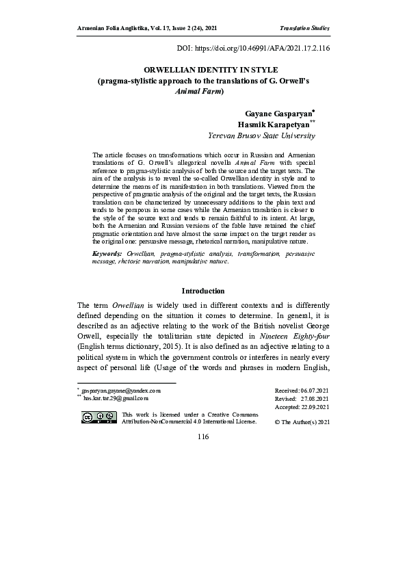 (PDF) ORWELLIAN IDENTITY IN STYLE (pragma-stylistic approach to the ...