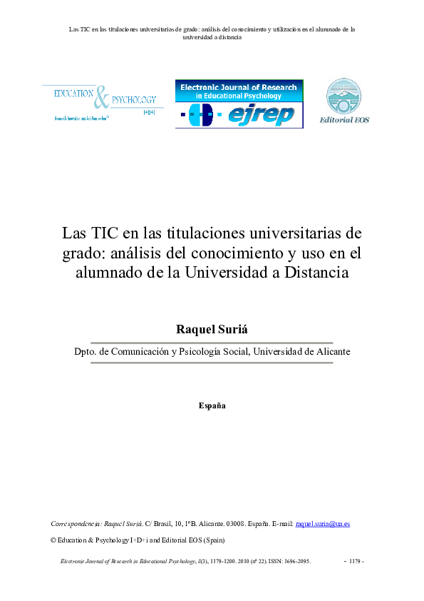 (PDF) Las TIC en las titulaciones universitarias de grado: análisis del conocimiento y uso en el ...