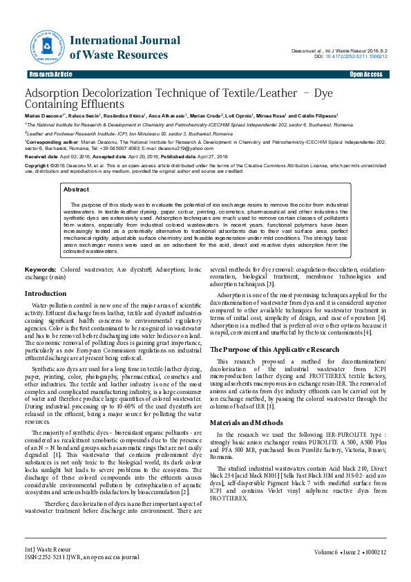 (PDF) Adsorption Decolorization Technique of Textile/Leather – Dye Containing Effluents