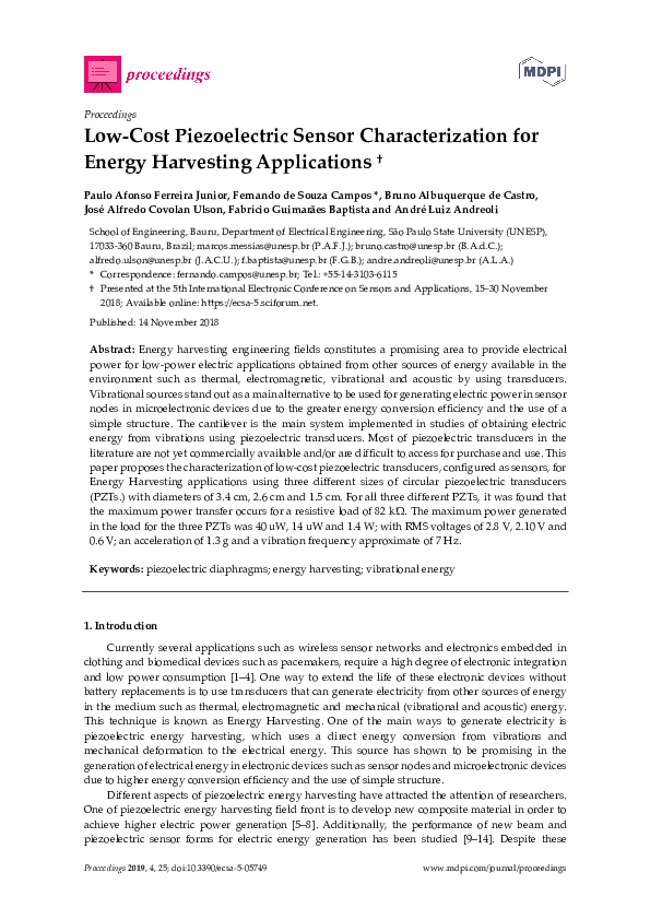 (PDF) Low-Cost Piezoelectric Sensor Characterization for Energy Harvesting Applications
