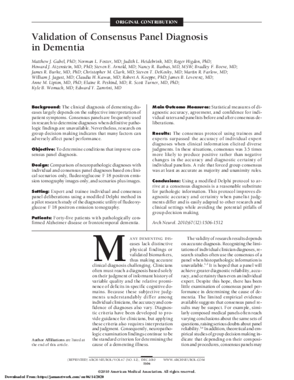(PDF) Validation of Consensus Panel Diagnosis in Dementia