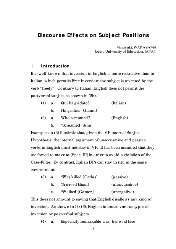 (PDF) Discourse Effects on Subject Positions